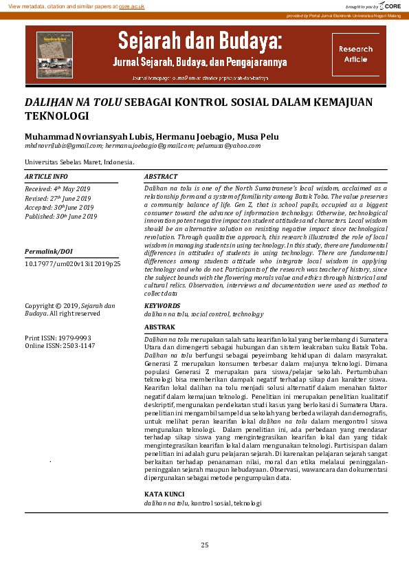(PDF) Dalihan Na Tolu Sebagai Kontrol Sosial Dalam Kemajuan Teknologi