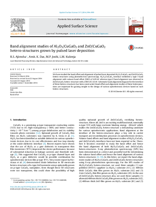 (PDF) Band alignment studies of Al2O3/CuGaO2 and ZnO/CuGaO2 hetero ...