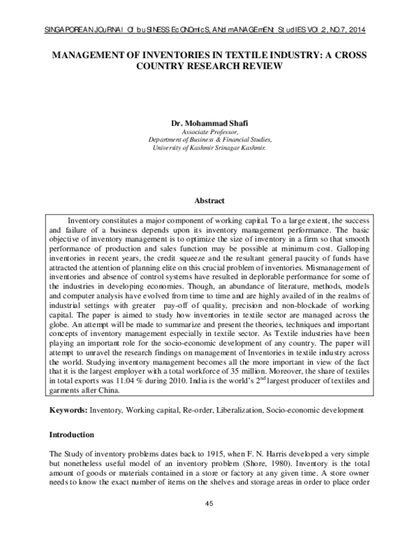 (PDF) Management of Inventories in Textile Industry : A Cross Country ...