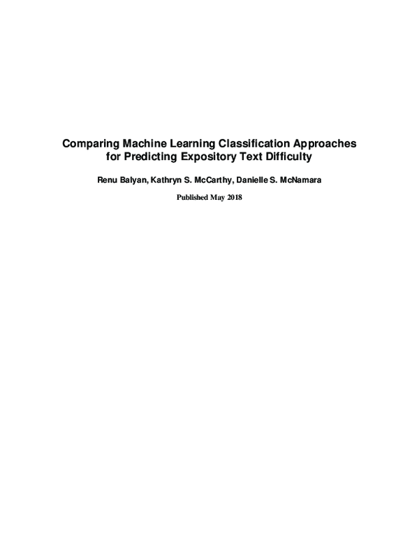 Pdf Comparing Machine Learning Classification Approaches For Predicting Expository Text Difficulty