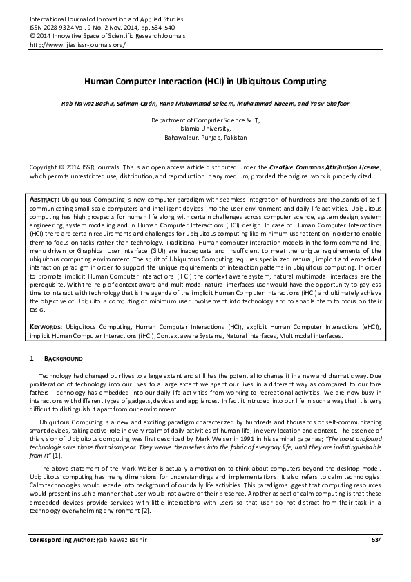 (PDF) Human Computer Interaction (HCI) in Ubiquitous Computing