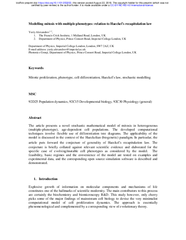 (PDF) Modelling mitosis with multiple phenotypes: relation to Haeckel’s ...