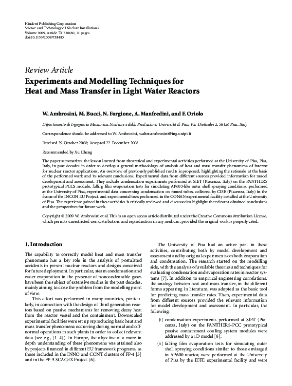 (PDF) Heat and Mass Transfer in Light Water Reactors: Experiments and Modeling