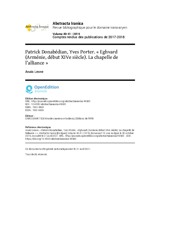 (PDF) Patrick Donabédian, Yves Porter. « Eghvard (Arménie, début XIVe ...