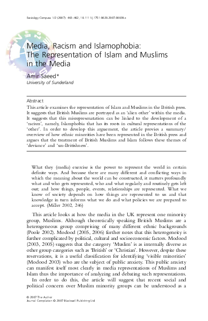 (PDF) Media, Racism and Islamophobia: The Representation of Islam and ...