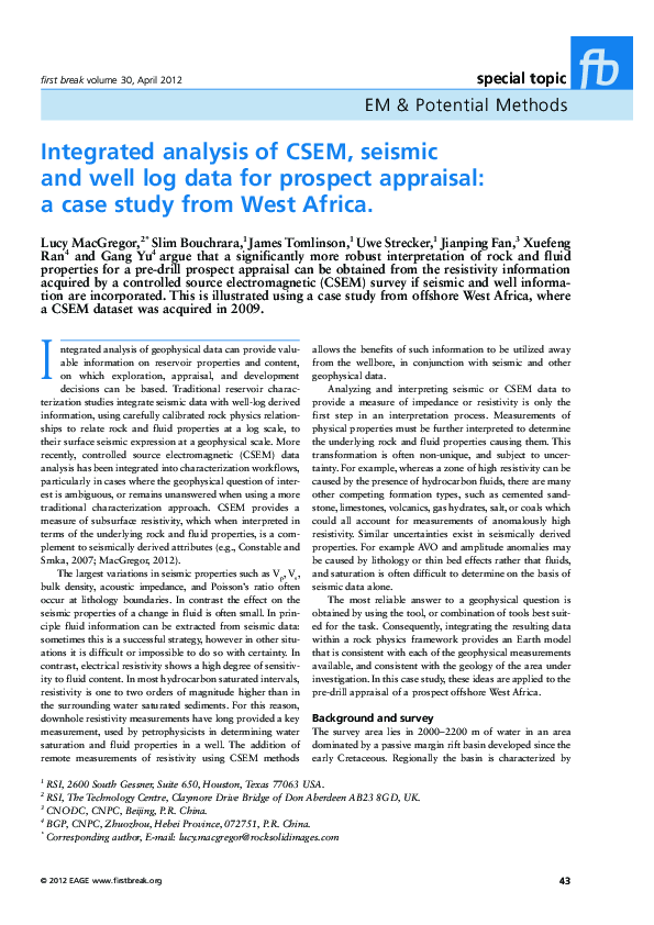 (PDF) Integrated analysis of CSEM, seismic and well log data for ...