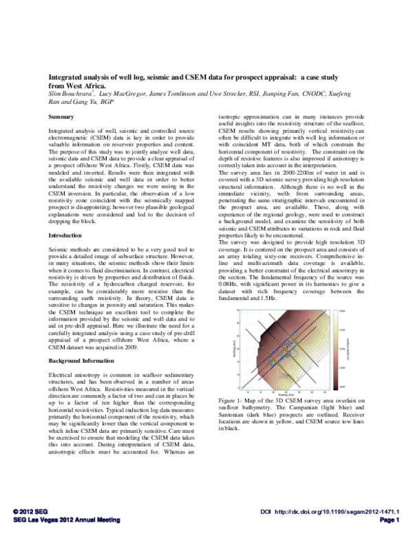 (PDF) Integrated analysis of well log, seismic and CSEM data for prospect appraisal: a case study