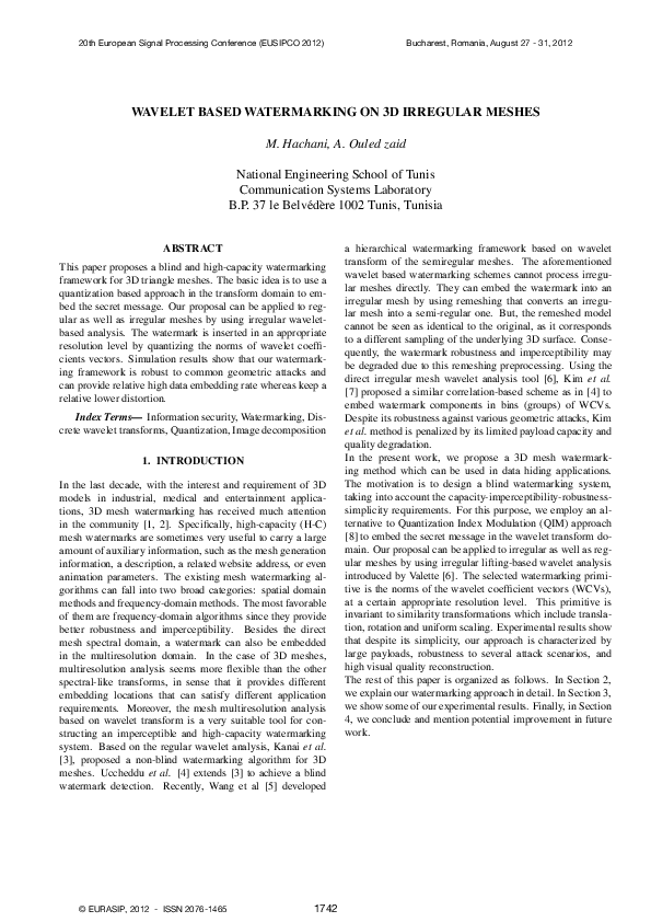 (PDF) Wavelet based watermarking on 3D irregular meshes