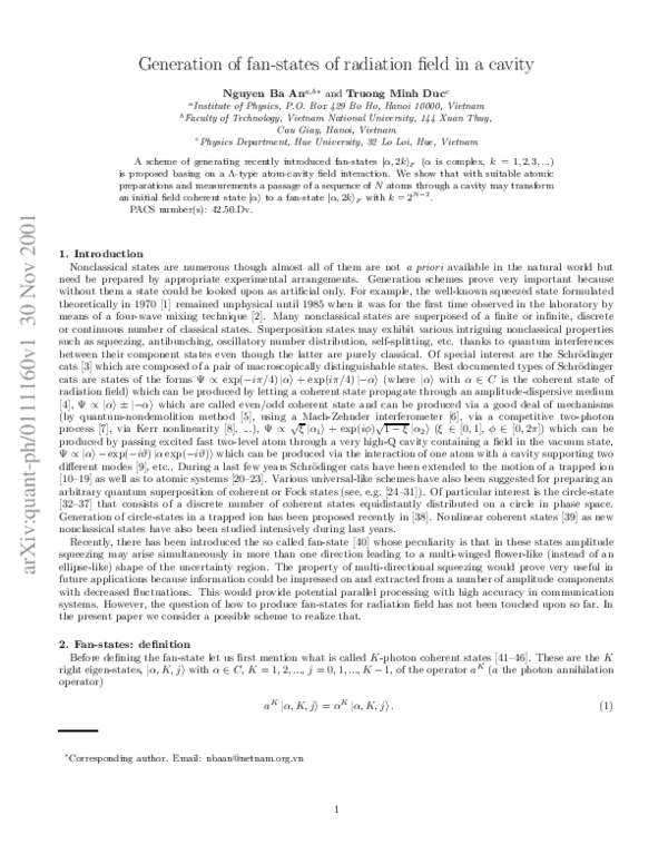 (PDF) Generation of fan-states of radiation field in a cavity