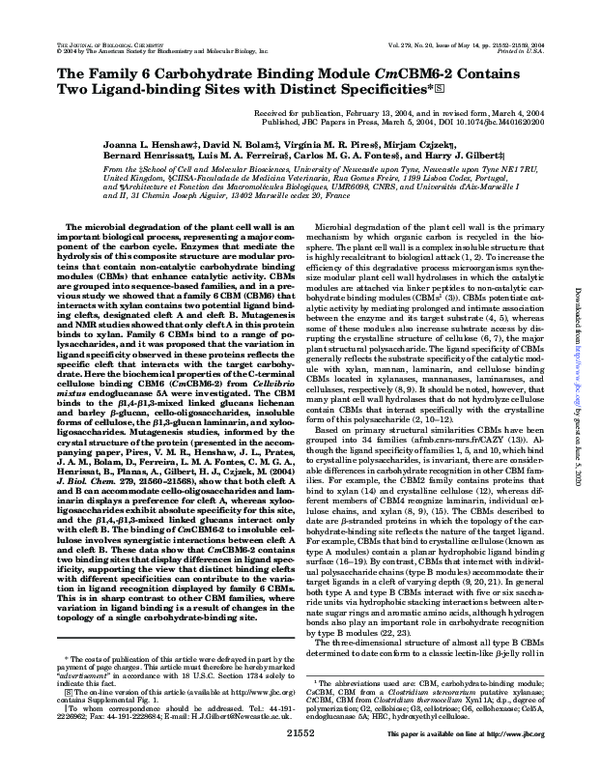 (PDF) The Family 6 Carbohydrate Binding Module CmCBM6-2 Contains Two ...
