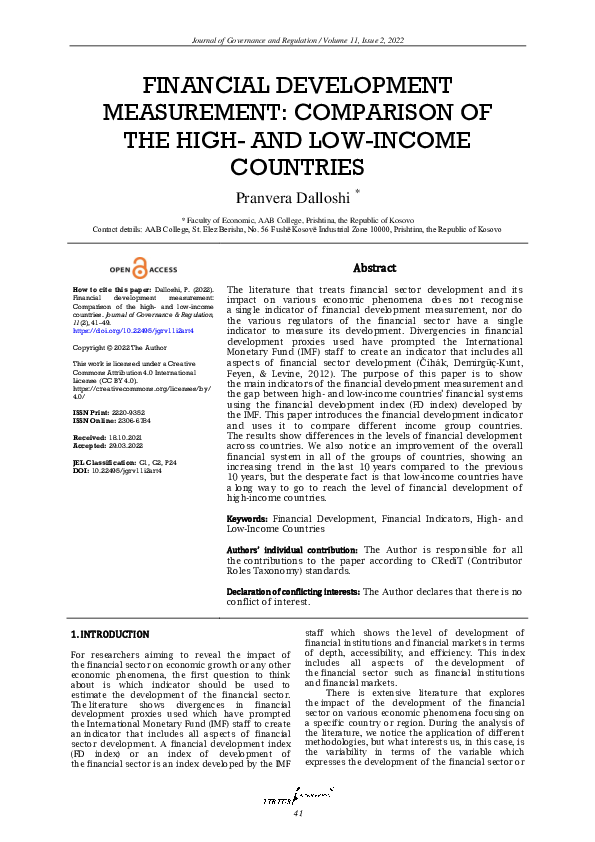 (PDF) Financial development measurement: Comparison of the high- and ...