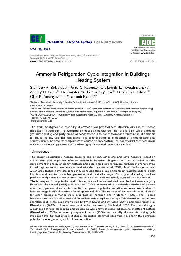 (PDF) Ammonia refrigeration cycle integration in buildings heating system
