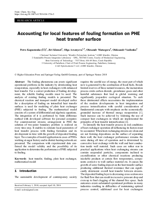 (PDF) Accounting for local features of fouling formation on PHE heat ...
