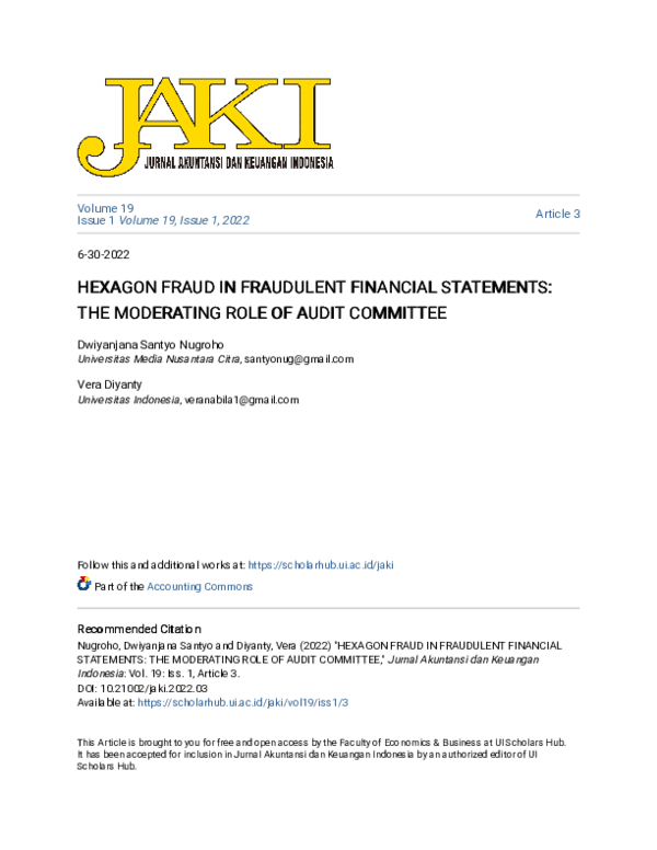 (PDF) Hexagon Fraud in Fraudulent Financial Statements: The Moderating Role of Audit Committee