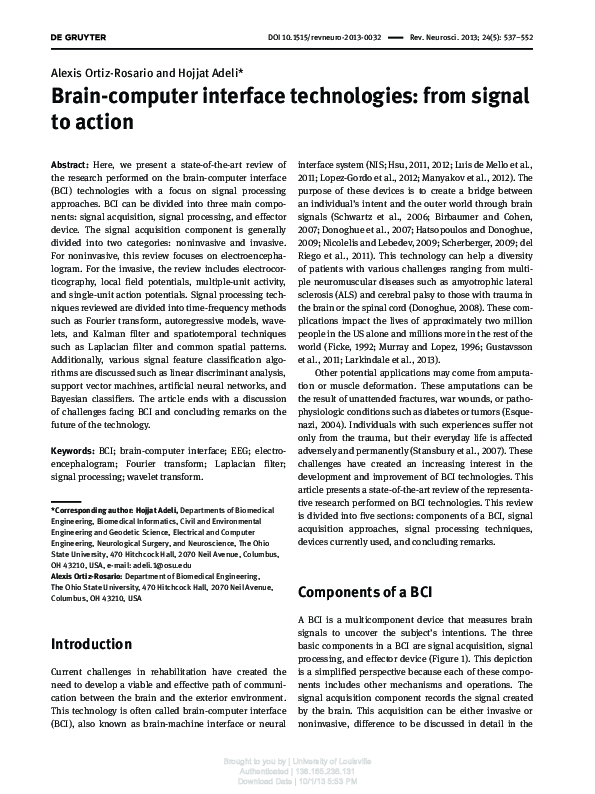 (PDF) Brain-computer interface technologies: from signal to action