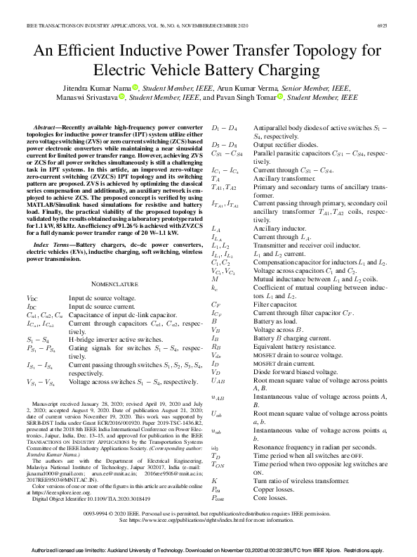 Pdf An Efficient Inductive Power Transfer Topology For Electric Vehicle Battery Charging