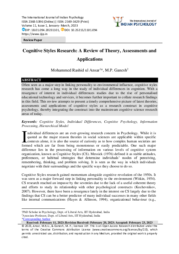 (PDF) Cognitive Styles Research: A Review of Theory, Assessments and ...
