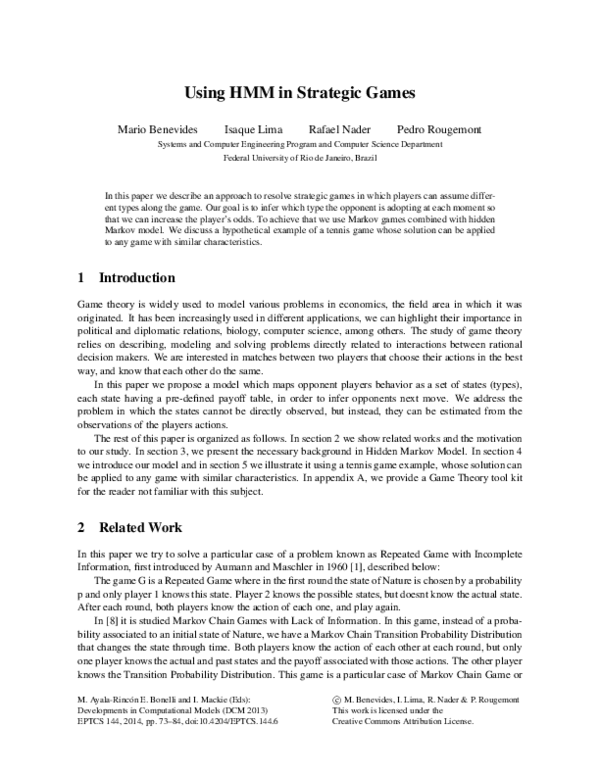 (PDF) Creative Commons Attribution License. Using HMM in Strategic Games