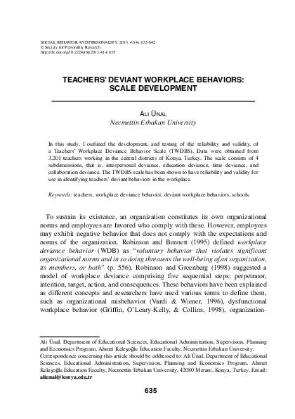 (PDF) Teachers' deviant workplace behaviors: Scale development