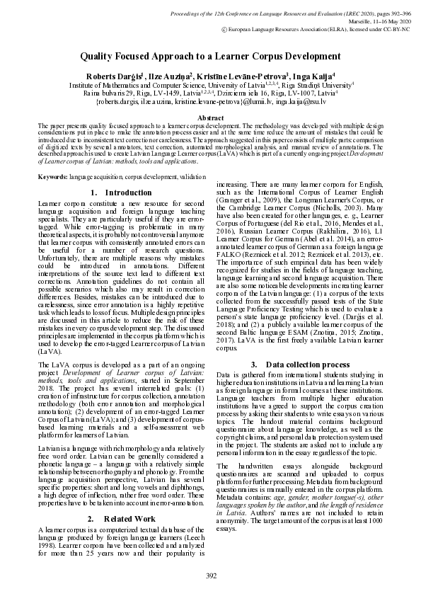 (PDF) Quality Focused Approach to a Learner Corpus Development