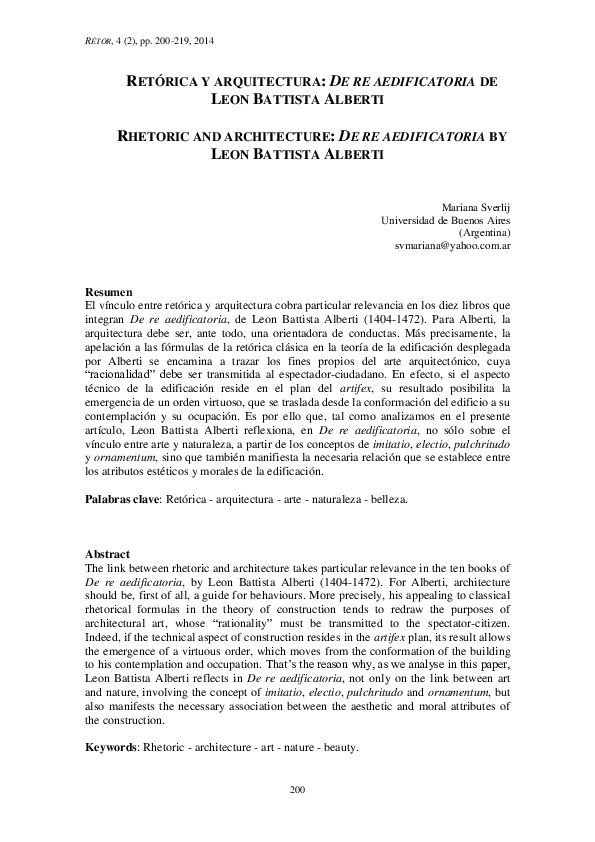 (PDF) Retórica y arquitectura: De re aedificatoria de Leon Battista Alberti