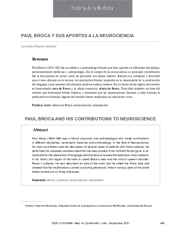 (PDF) Paul Broca y sus aportes a la neurociencia