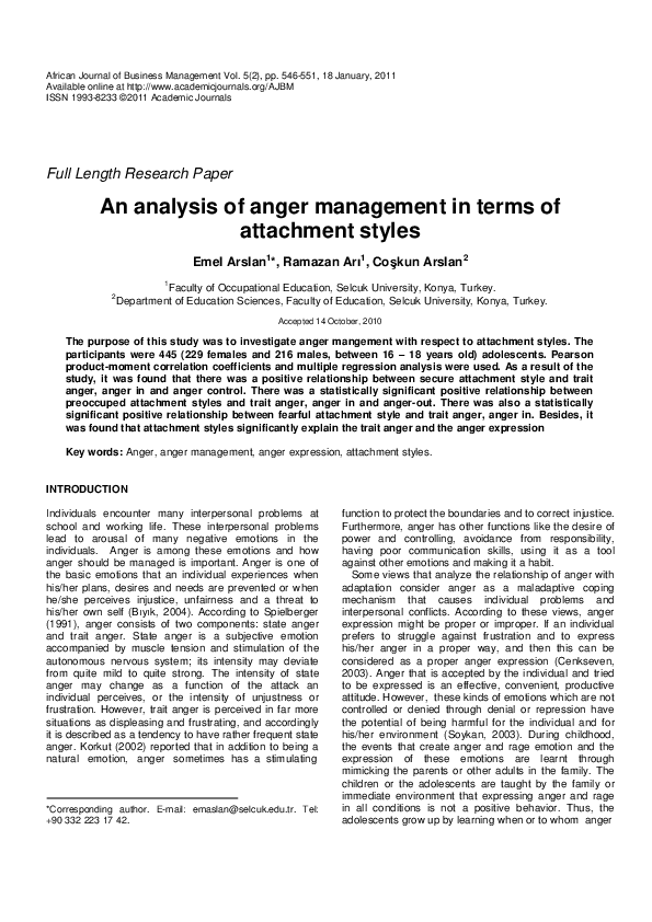 (PDF) An analysis of anger management in terms of attachment styles