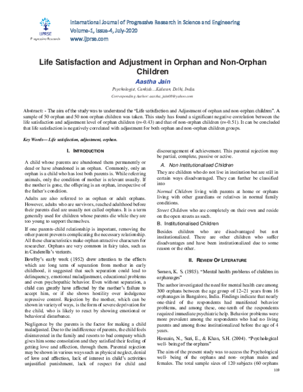 (PDF) Life Satisfaction and Adjustment in Orphan and Non-Orphan Children