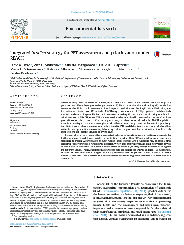 (PDF) Integrated in silico strategy for PBT assessment and prioritization under REACH