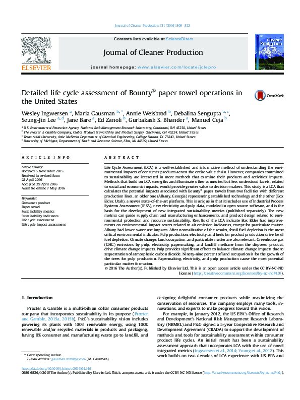 (PDF) Detailed life cycle assessment of Bounty® paper towel operations ...