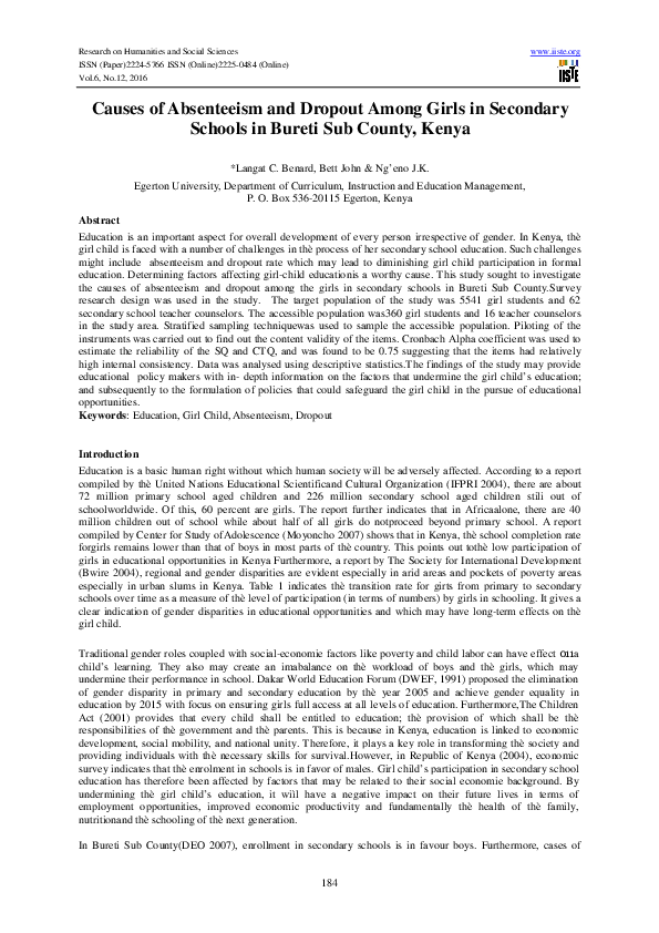 Pdf Causes Of Absenteeism And Dropout Among Girls In Secondary