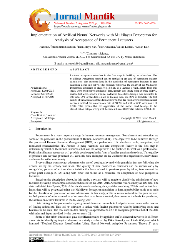(PDF) Implementation of Artifical Neural Networks with Multilayer Perceptron for Analysis of ...
