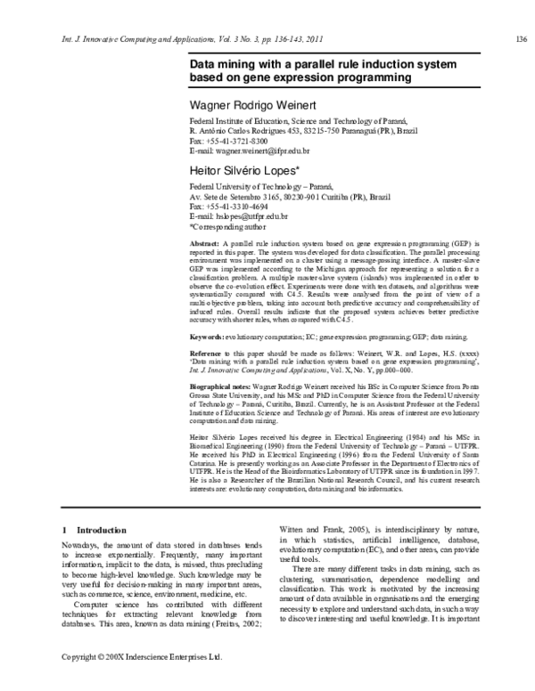 (PDF) Data mining with a parallel rule induction system based on gene expression programming