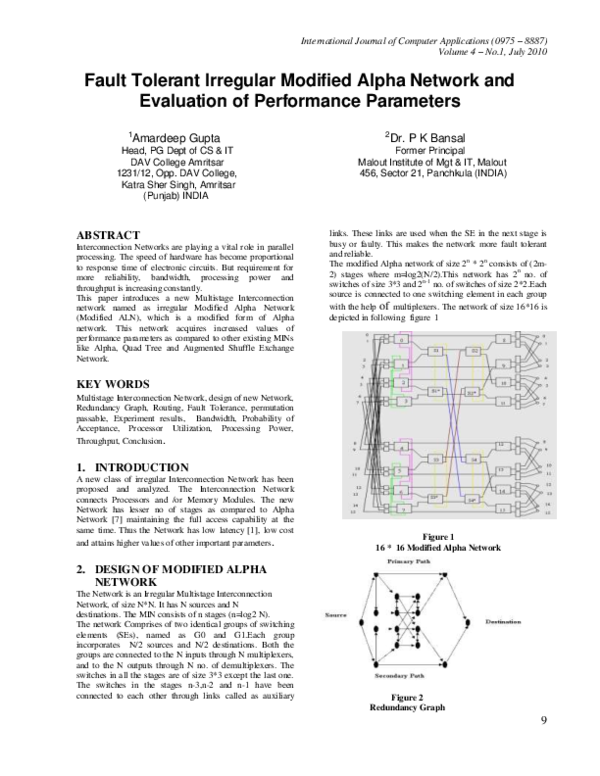 (PDF) Fault Tolerant Irregular Modified Alpha Network and Evaluation of Performance Parameters