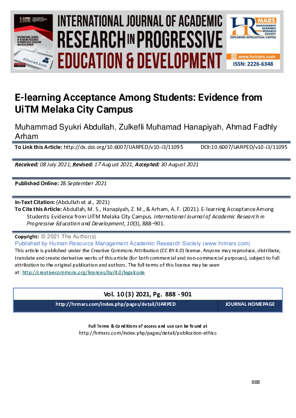 (PDF) E-learning Acceptance Among Students: Evidence from UiTM Melaka City Campus