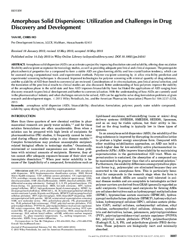 (PDF) Amorphous Solid Dispersions: Utilization and Challenges in Drug Discovery and Development