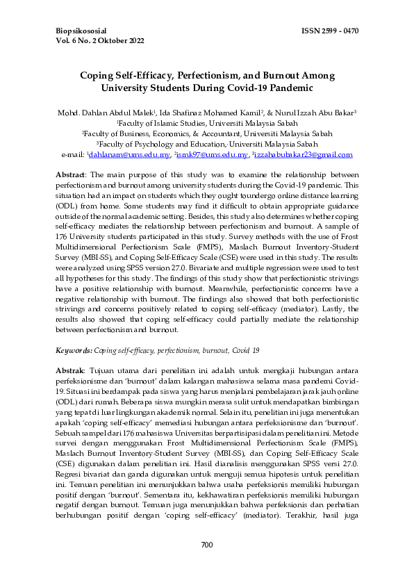 (PDF) Coping Self-Efficacy, Perfectionism, and Burnout Among University ...