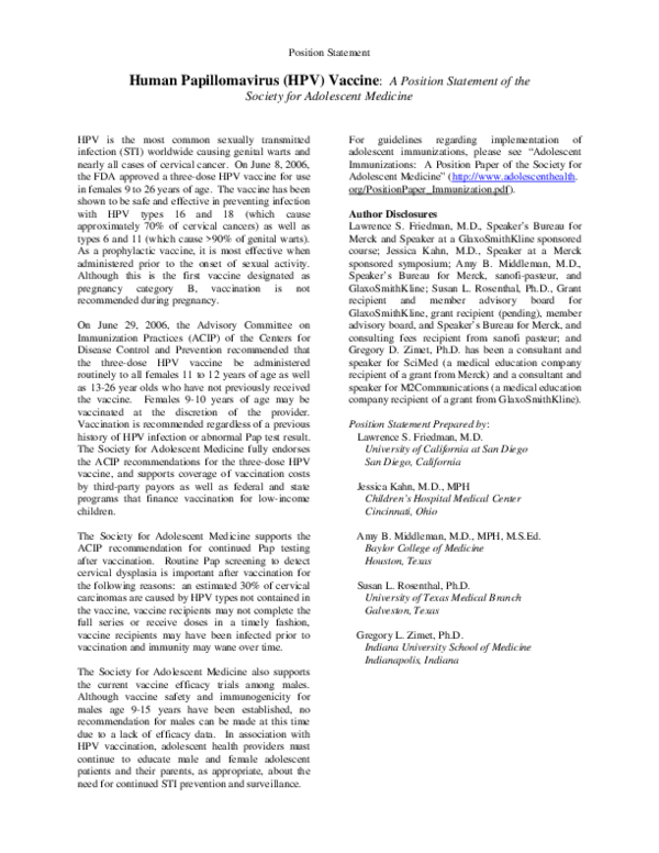 (PDF) Human Papillomavirus (HPV) Vaccine: A Position Statement of the ...