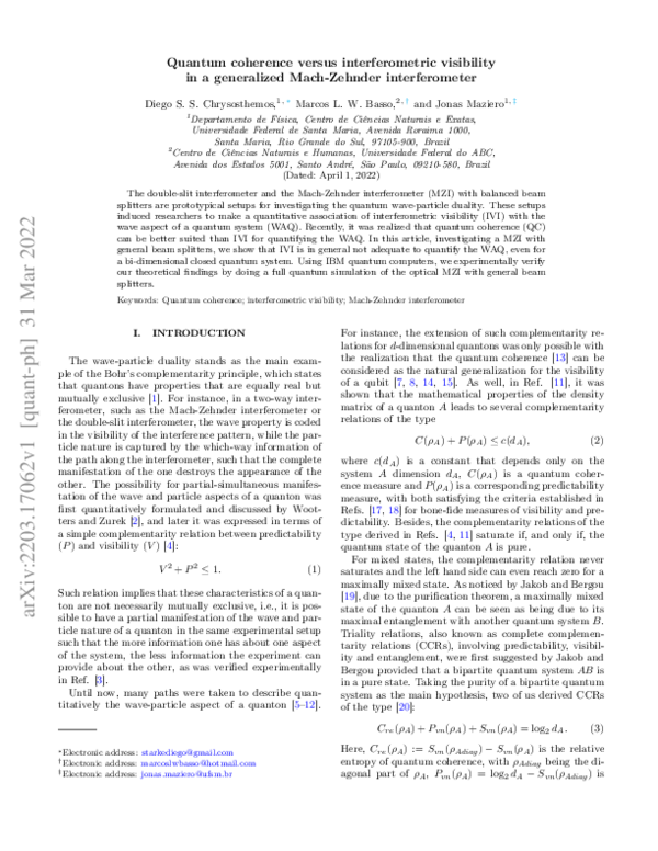 (PDF) Quantum Coherence Versus Interferometric Visibility in a Biased Mach-Zehnder Interferometer