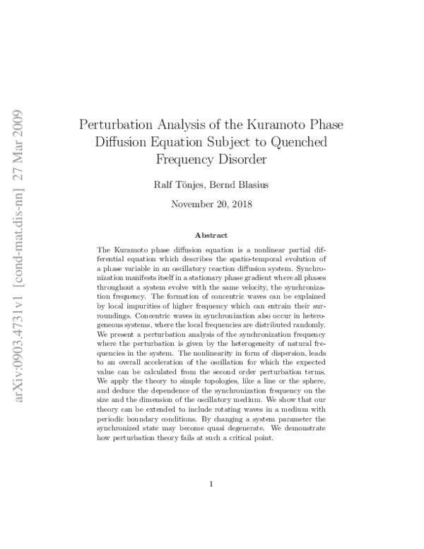 (PDF) Perturbation analysis of the Kuramoto phase-diffusion equation subject to quenched ...