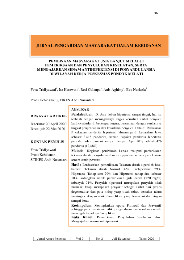 Pdf Pembinaan Masyarakat Usia Lanjut Melalui Pemeriksaan Dan