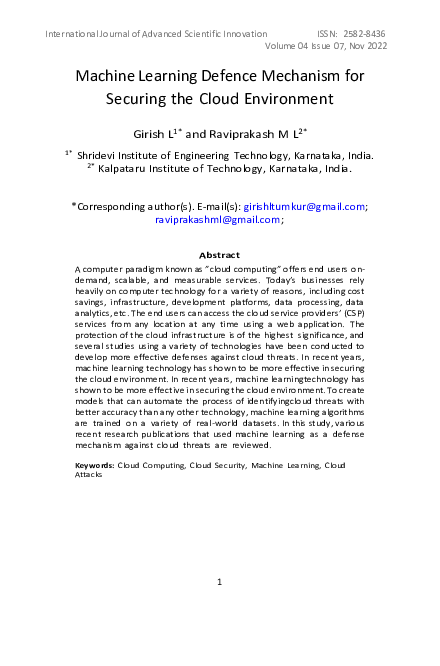 (PDF) Machine Learning Defence Mechanism for Securing the Cloud Environment
