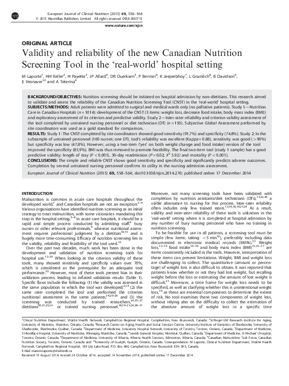 (PDF) Validity and reliability of the new Canadian Nutrition Screening Tool in the ‘real-world ...