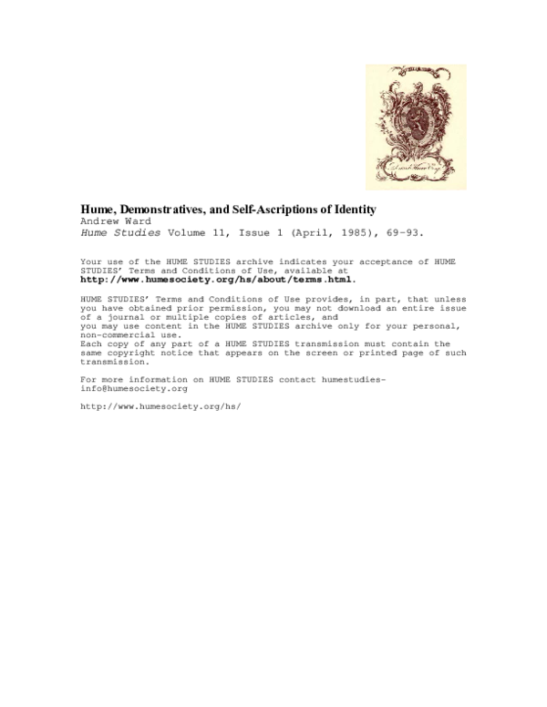 (PDF) Hume, Demonstratives, and Self-Ascriptions of Identity