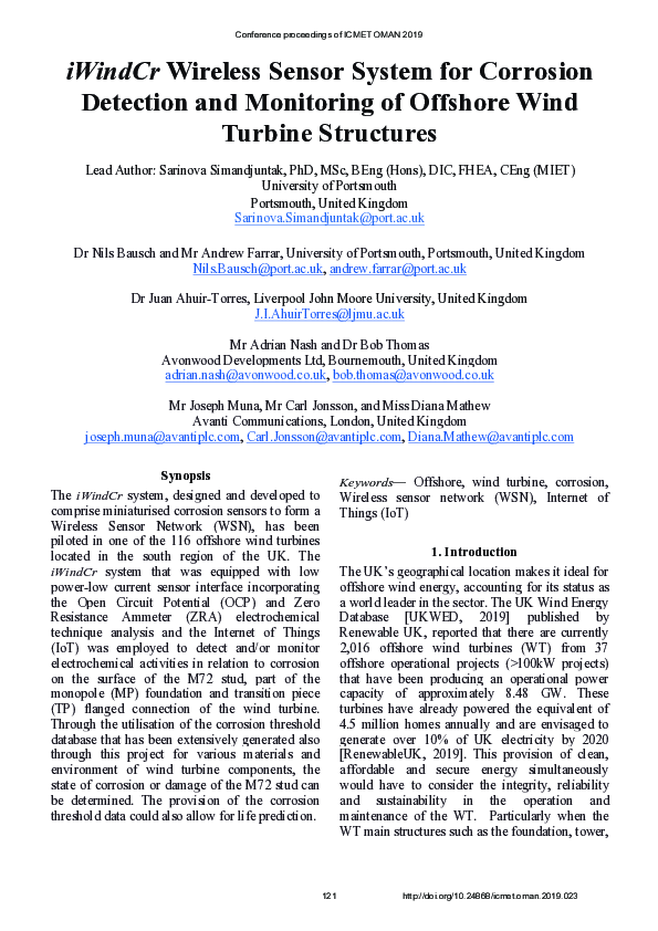 (PDF) iWindCr Wireless Sensor System for Corrosion Detection and Monitoring of Offshore Wind ...