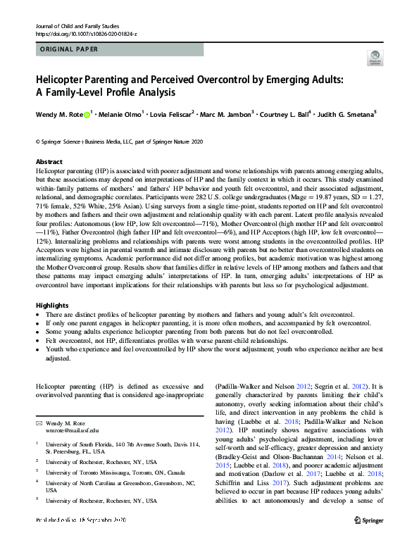 (PDF) Helicopter Parenting and Perceived Overcontrol by Emerging Adults: A Family-Level Profile ...