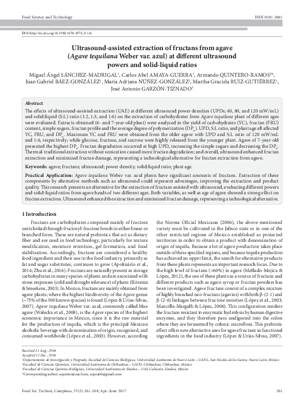 (PDF) Ultrasound-assisted extraction of fructans from agave (Agave ...