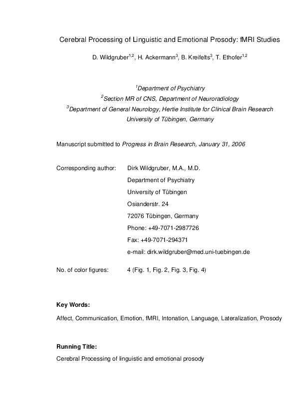 (PDF) Cerebral processing of linguistic and emotional prosody: fMRI studies