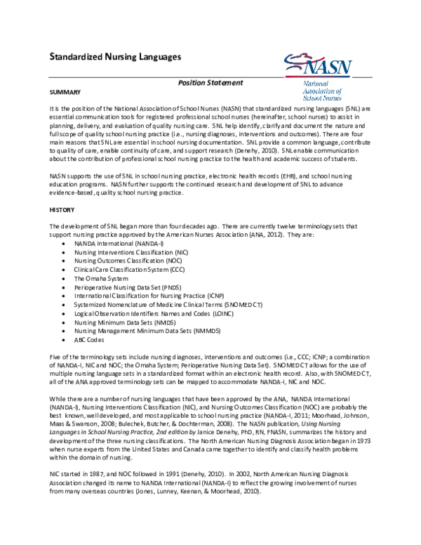 (PDF) Standardized Nursing Languages. Position Statement. Revised