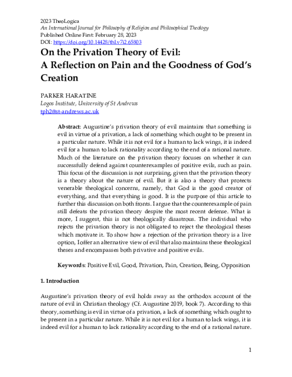 (PDF) On the Privation Theory of Evil: A Reflection on Pain and the ...